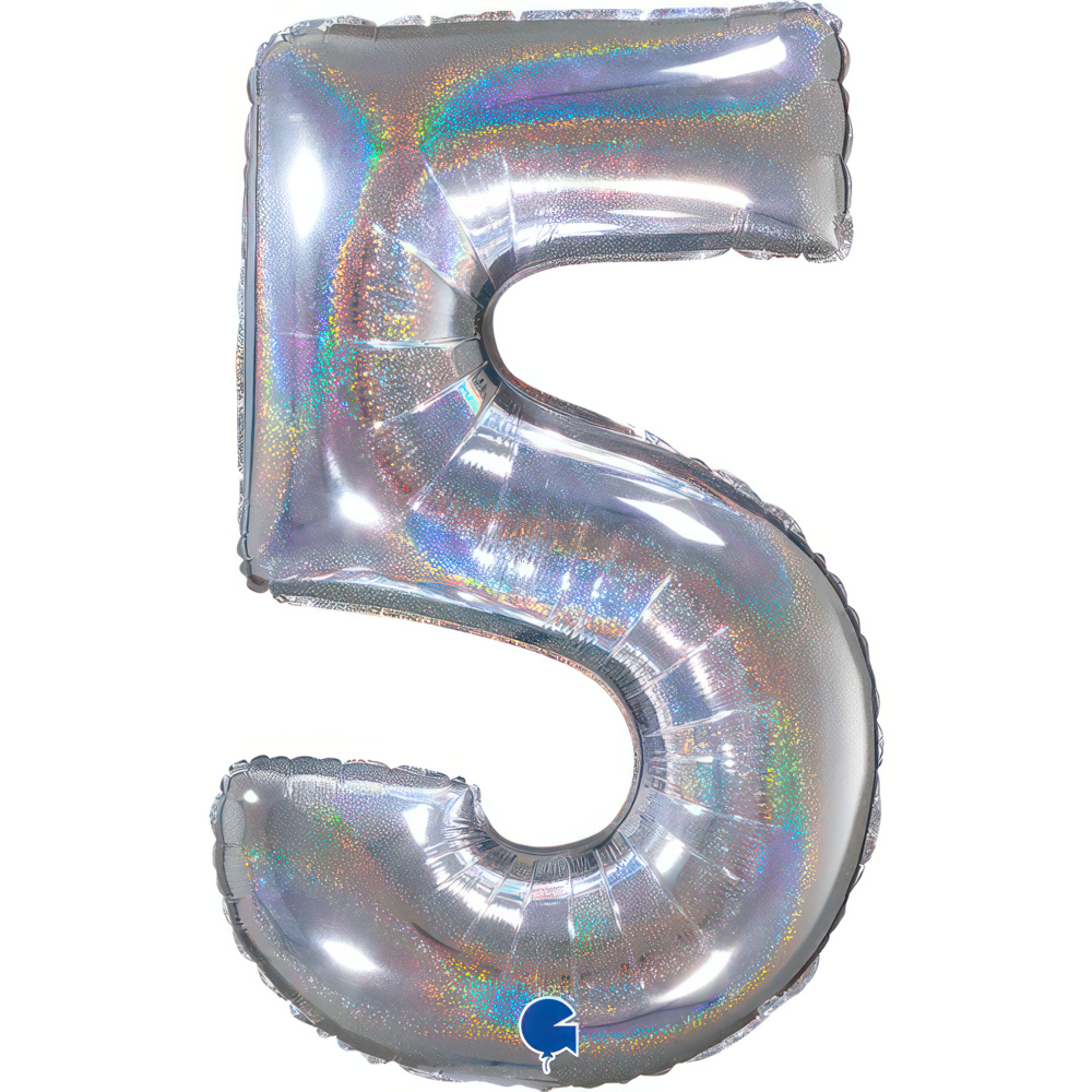 Balloon Number 5 Glitter Holographic Silver 26inc silver