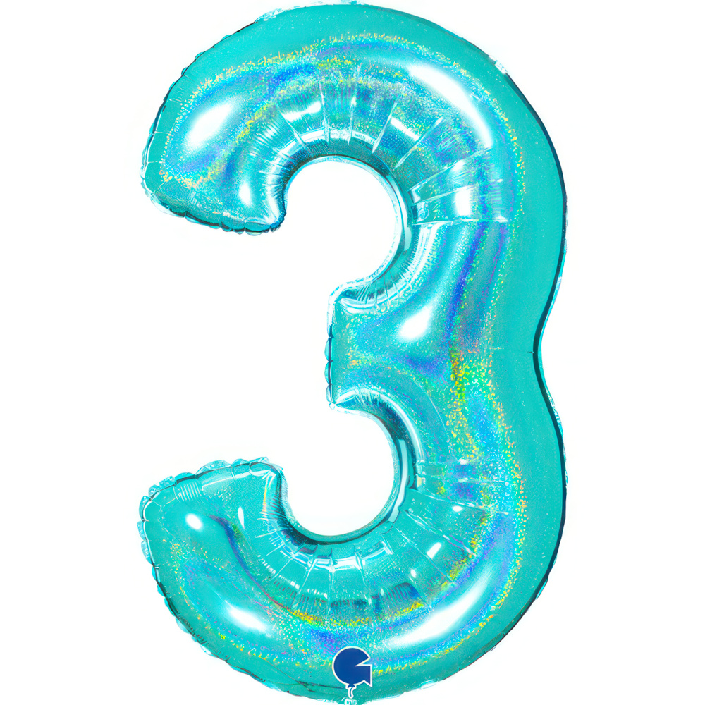 Balloon Number 3 Glitter Holographic Tiffany 40inc blue